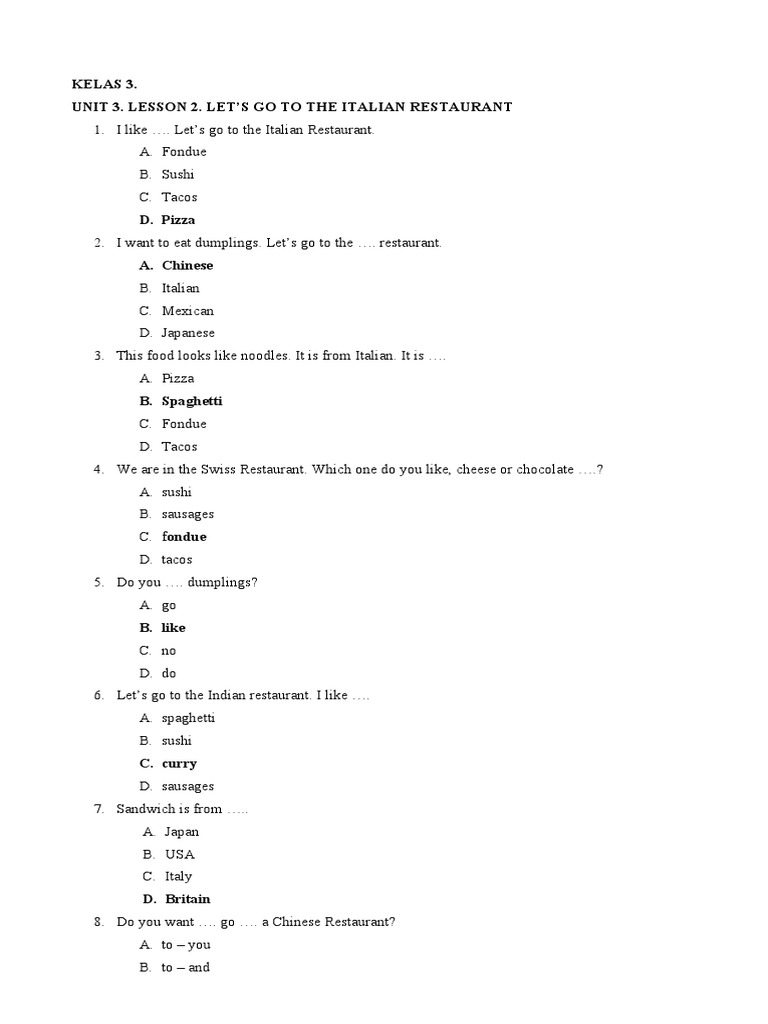 Kelas 3. Unit 3. Lesson 2. Let'S Go To The Italian Restaurant | PDF ...