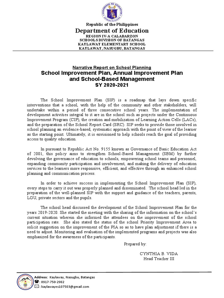 Department of Education: School Improvement Plan, Annual Improvement ...