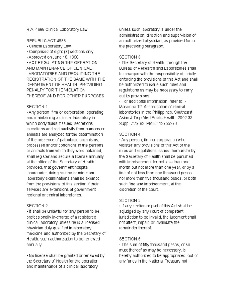 RA 4688 Clinical Laboratory Law REVIEWER | PDF | Pathology | Medical Laboratory