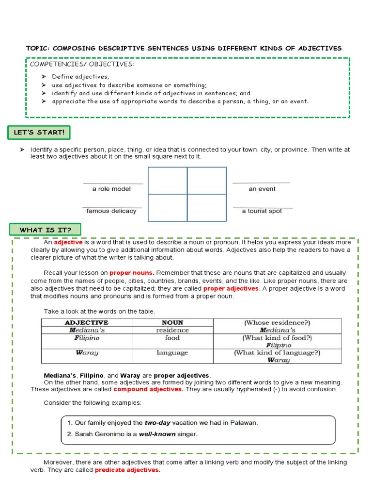 Composing Descriptive Sentences with Adjectives | PDF | Adjective | Verb