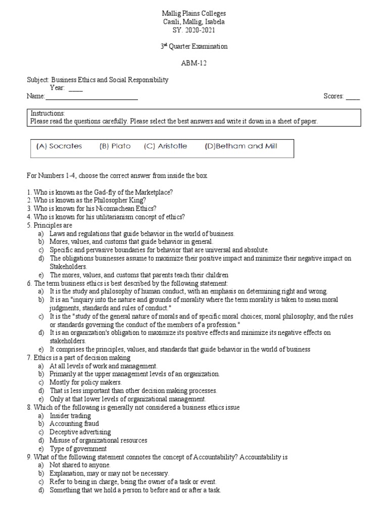 Business Ethics Exam Overview | PDF | Morality | Value (Ethics)