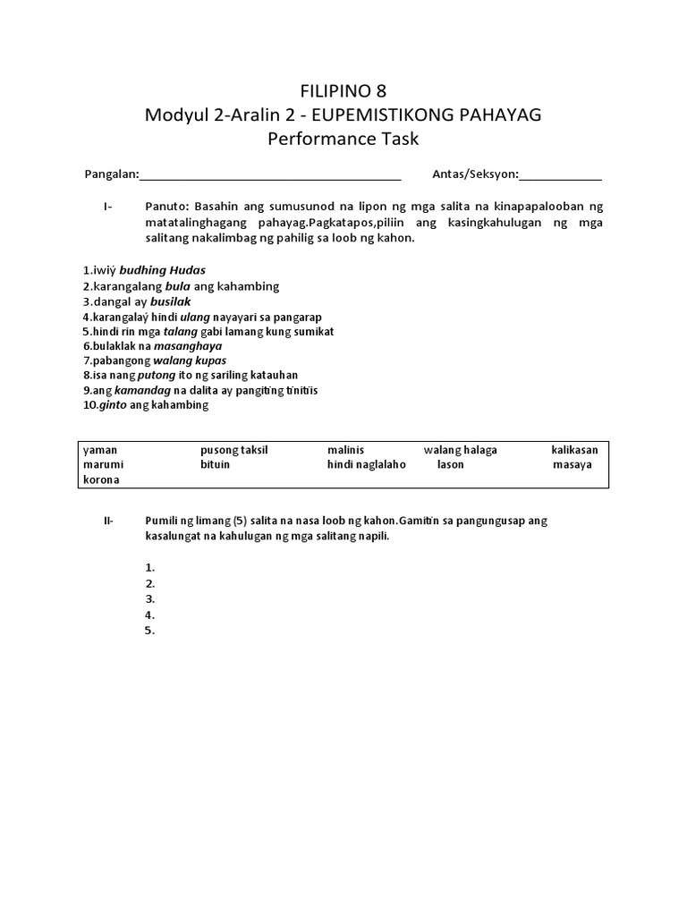 FILIPINO 8 Q1 Aralin 2 Performance Task | PDF