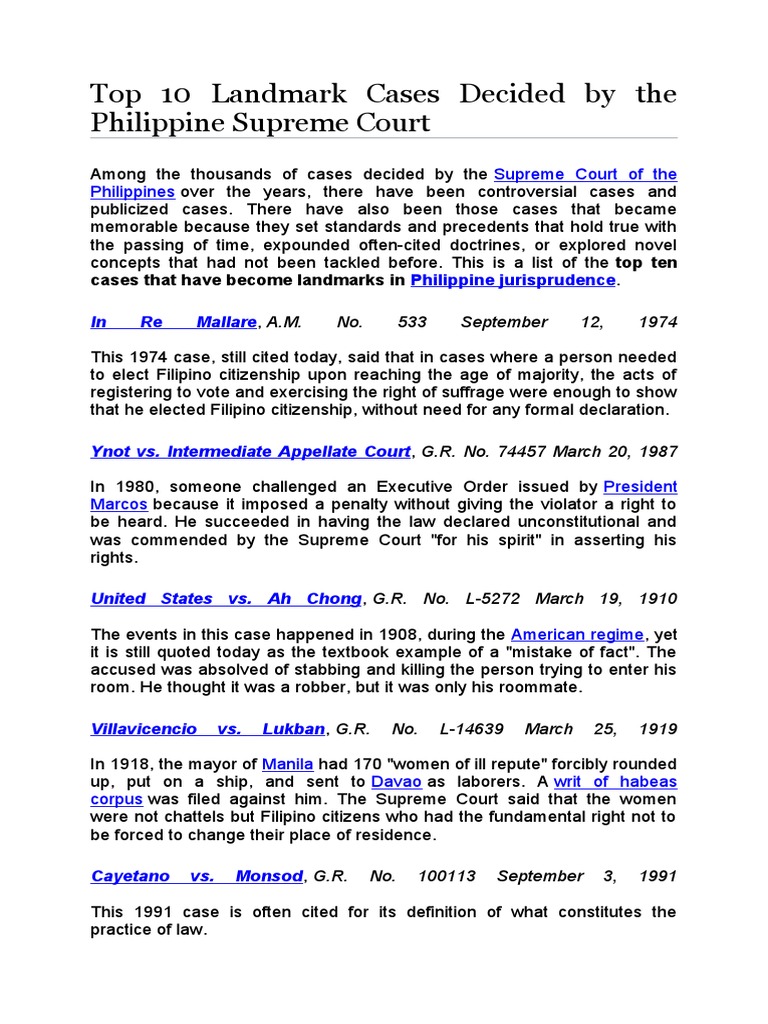 Top 10 Landmark Cases Decided by The Philippine Supreme Court | PDF ...