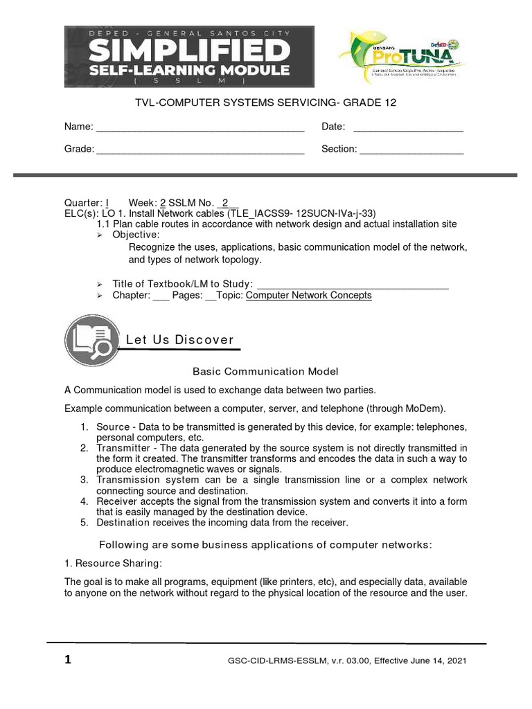 Tvl-Computer Systems Servicing-Grade 12: Let Us Discover | PDF | Network Topology | Computer Network