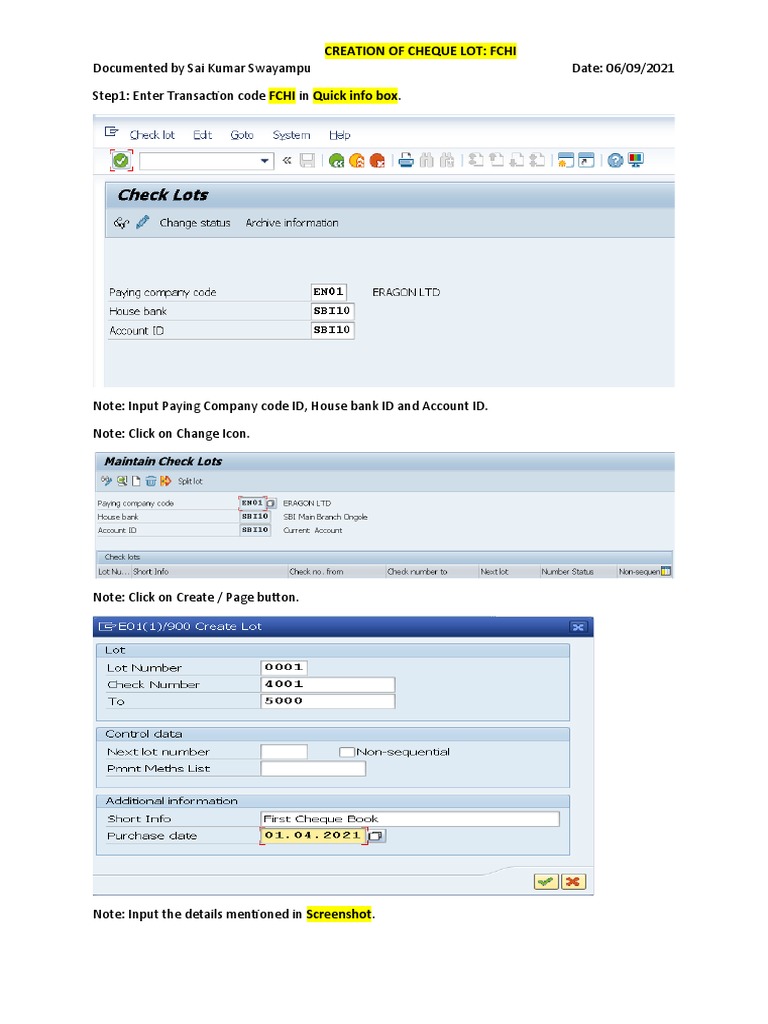 SAP Creation of Cheque Lot FCHI | PDF