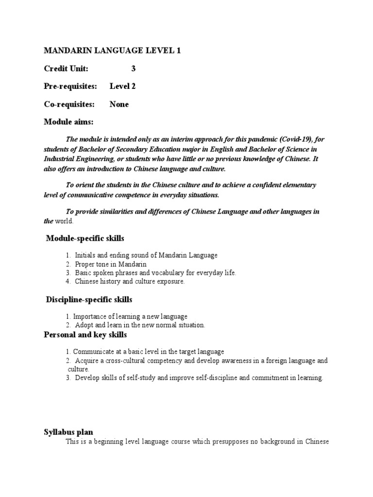 Mandarin Language Level 1 Credit Unit: 3 Pre-Requisites: Level 2 Co ...