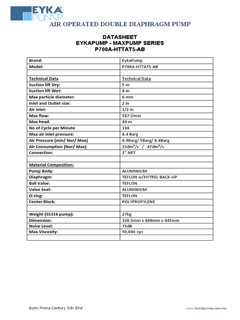 EykaPump AODD DATASHEET P700A - HTTAT5 - AB | PDF
