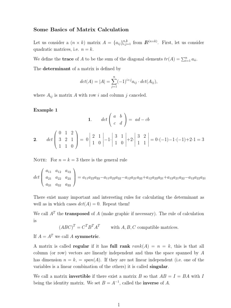 Some Basics Of Matrix Calculation Ij N K I J 1 PDF Matrix