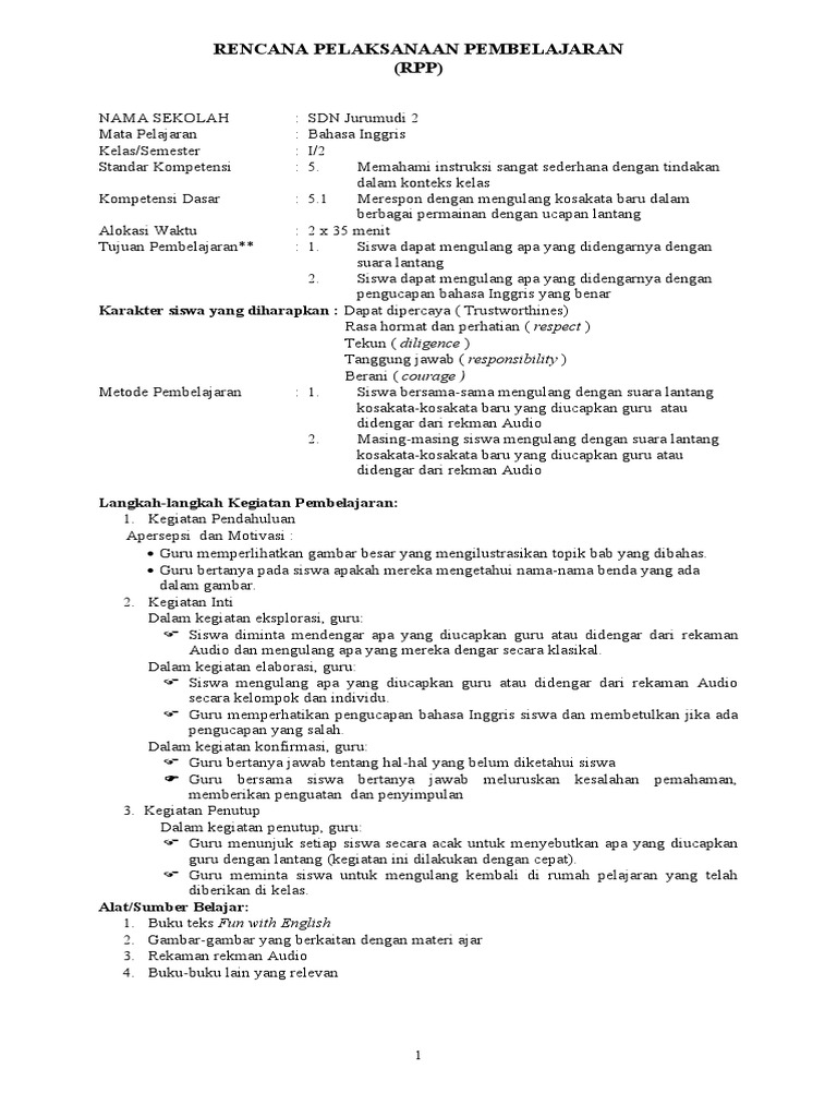 RPP Bahasa Inggris SD Kelas I Sms 2 Ok | PDF