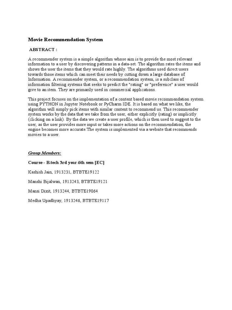 Movie Recommendation System-ABSTRACT | PDF