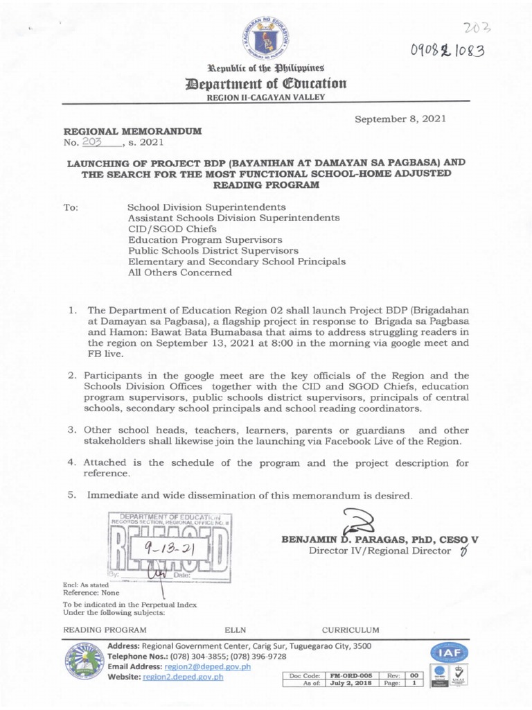 RM. No. 203 S. 2021 LAUNCHING OF PROJECT BDP BAYANIHAN AT DAMAYAN SA PAGBASA AND THE SEARCH FOR ...