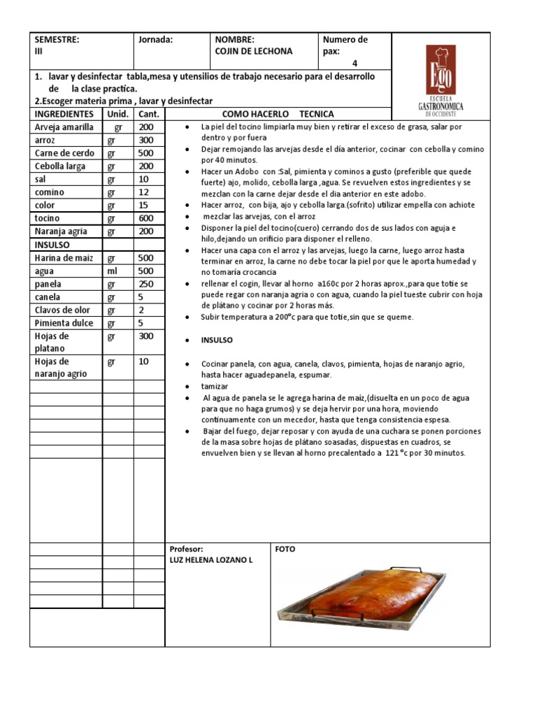 Cojin de Lechona e Insulso | PDF | Alimentos | Ingredientes de comida