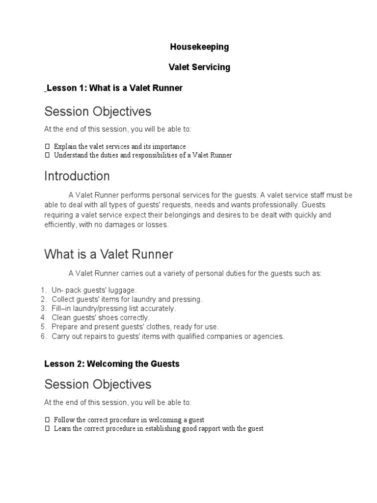 Valet Runner Duties in Housekeeping | PDF | Clothing | Shoe