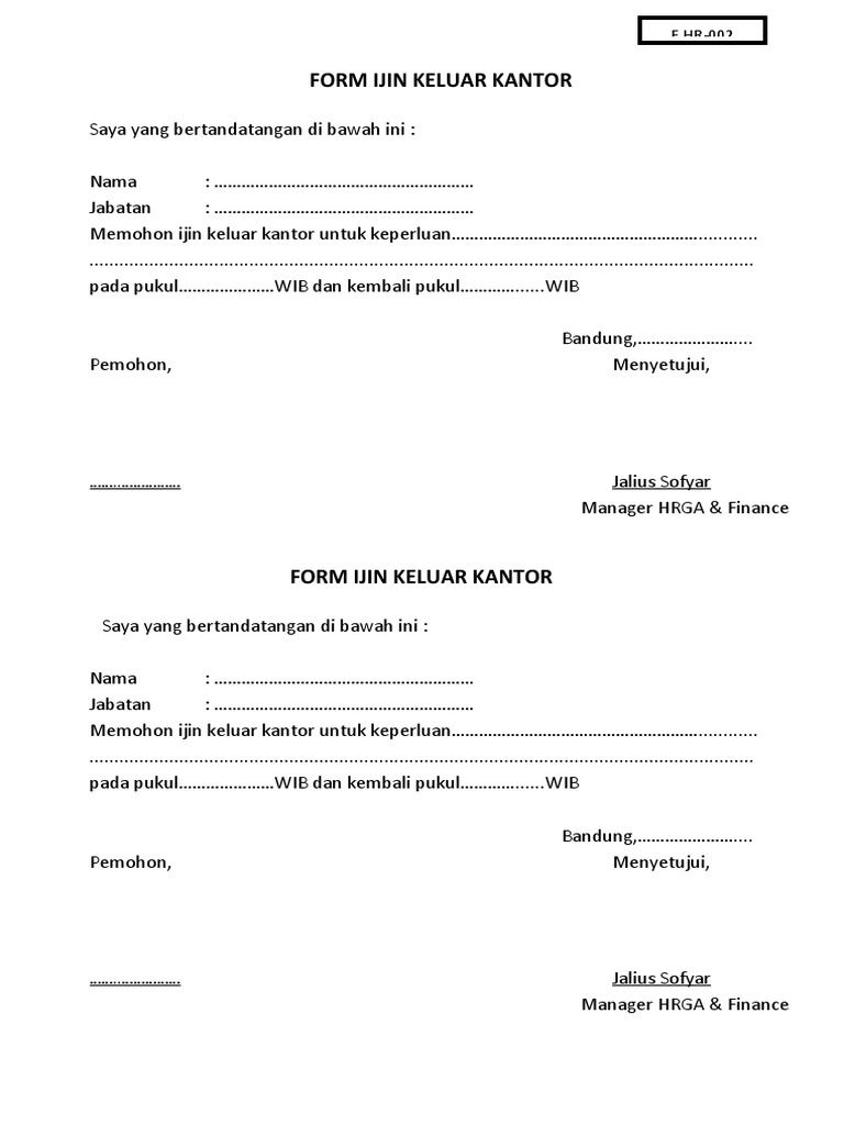 Form Ijin Keluar Kantor (HR02) | PDF | Bisnis