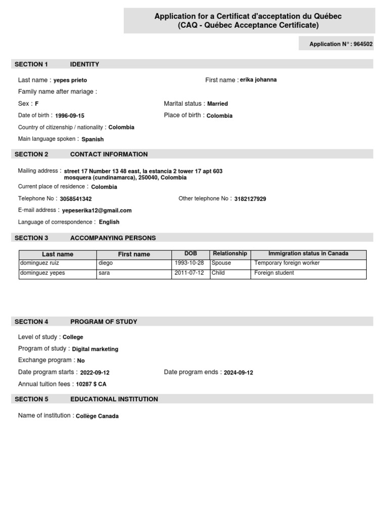 Application For A Certificat D'acceptation Du Québec (CAQ - Québec ...