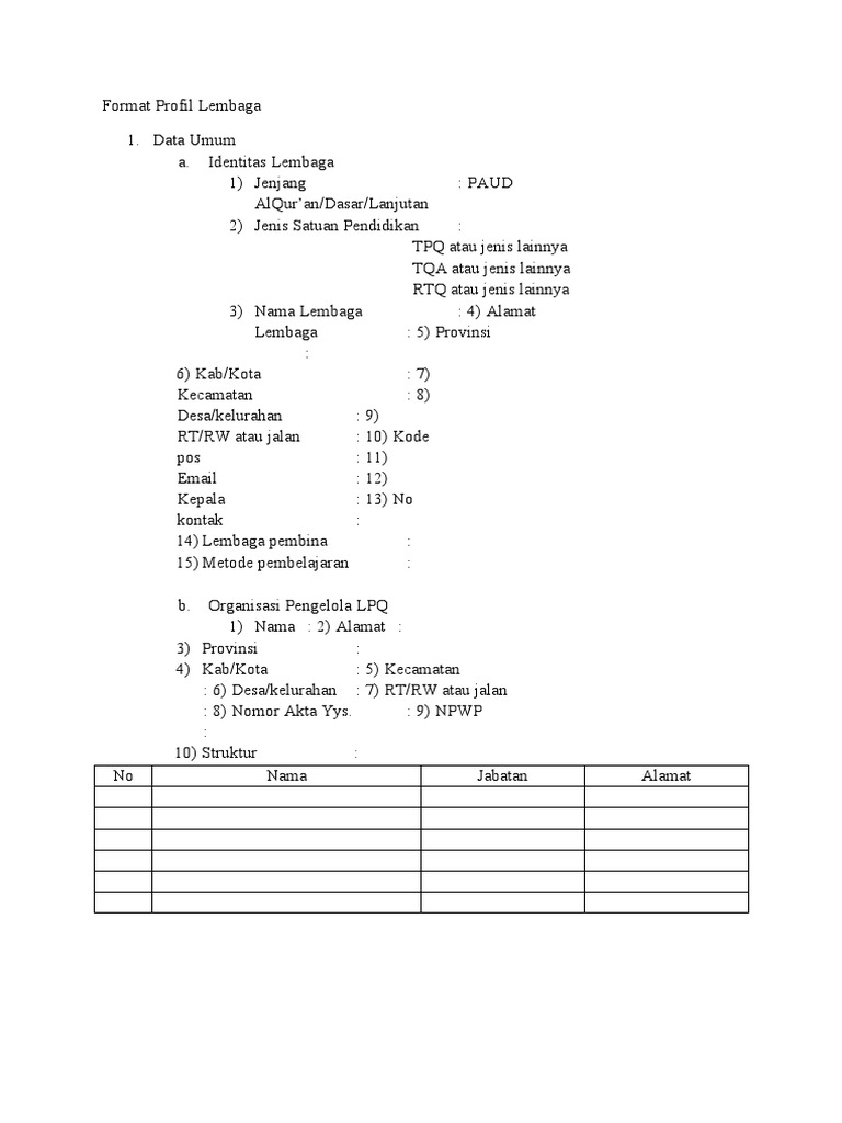 Format Profil Lembaga TPQ | PDF