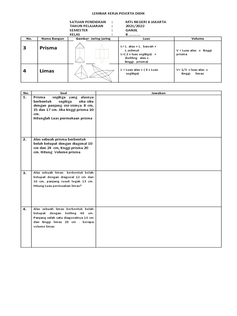 Tugas KD 3.7 BRSD (Luas Dan Volume Prisma Dan Limas) | PDF | Metode & Bahan Ajar