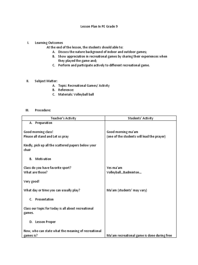 Lesson Plan in PE Grade 9 | PDF | Volleyball | Lesson Plan