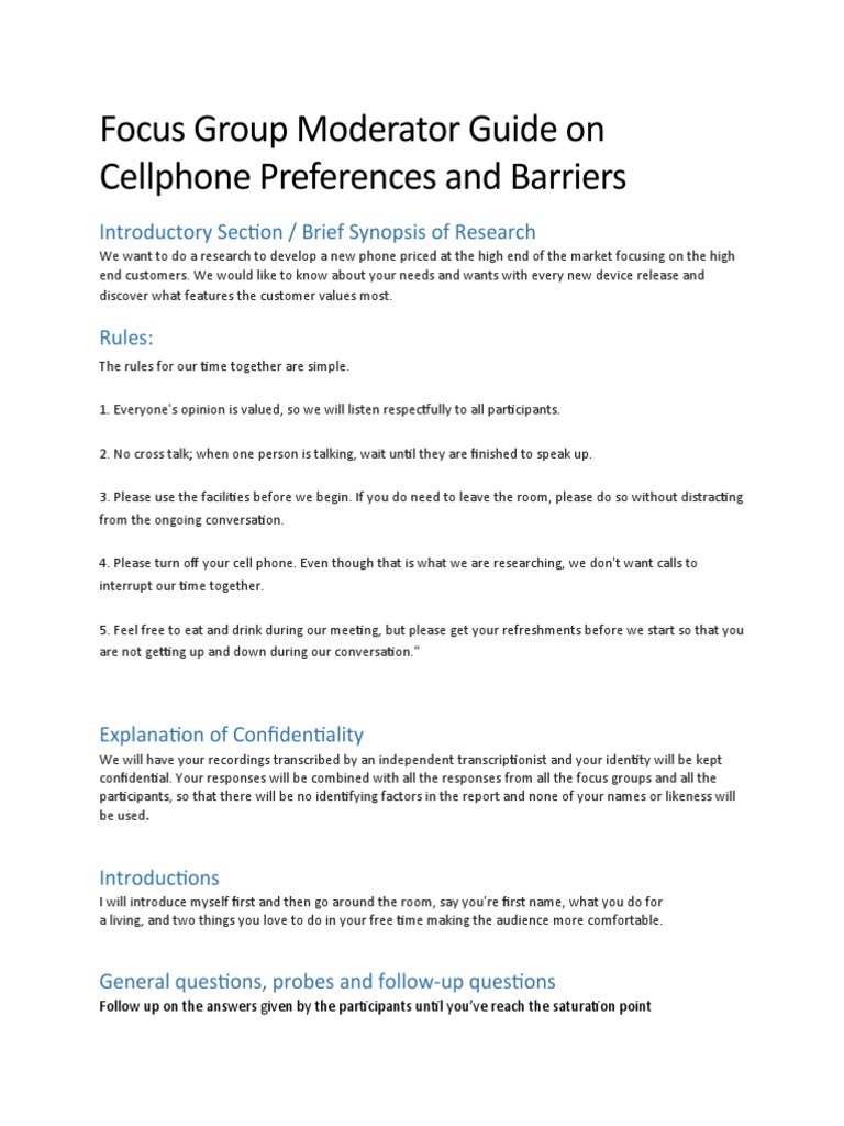 Focus Group Moderator Guide On Cellphone Preferences and Barriers | PDF