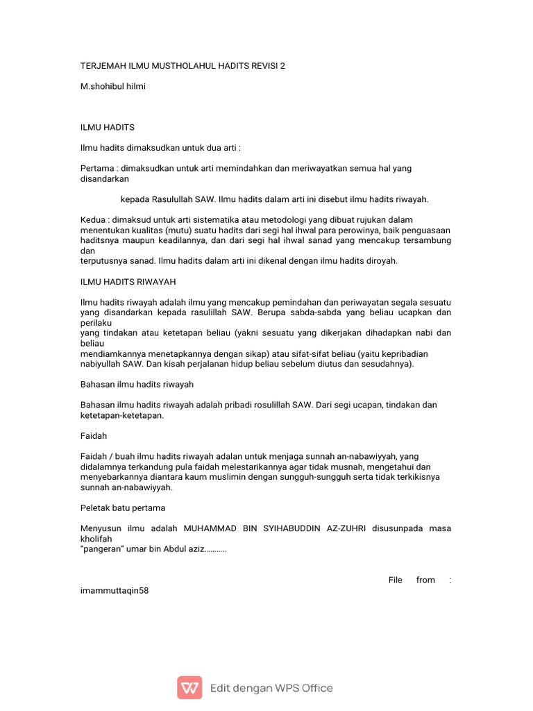 Terjemahan Ilmu Mustholah Hadits | PDF