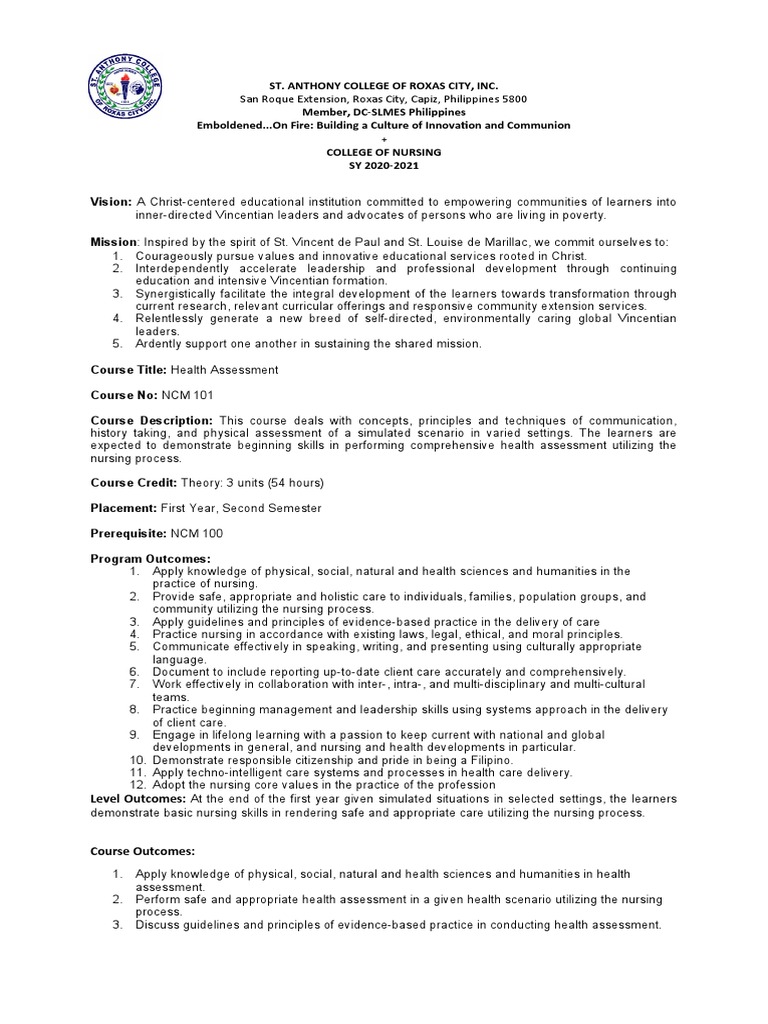 Course Outline Health Assessment | PDF | Nursing | Physical Examination