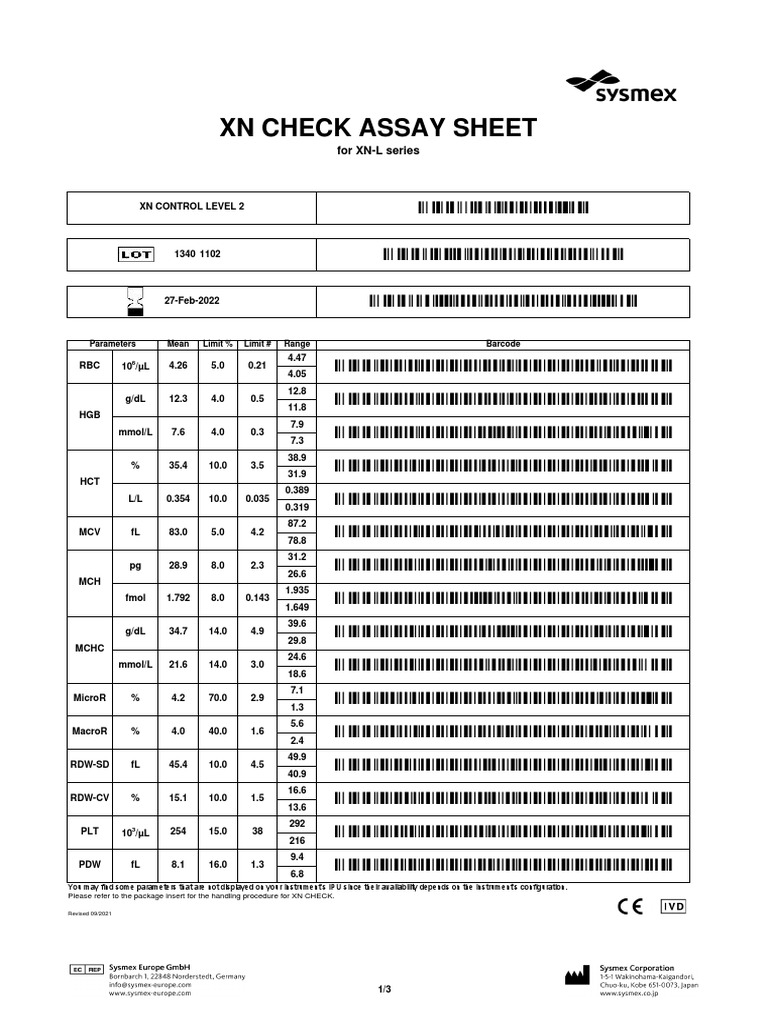 XN Check Assay Sheet: For XN-L Series | PDF