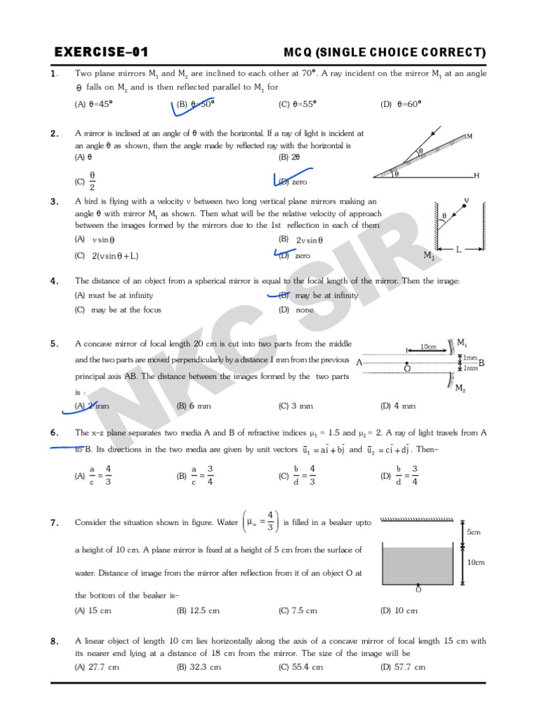 Exercise-01: MCQ (Single Choice Correct) | PDF | Prism | Mirror