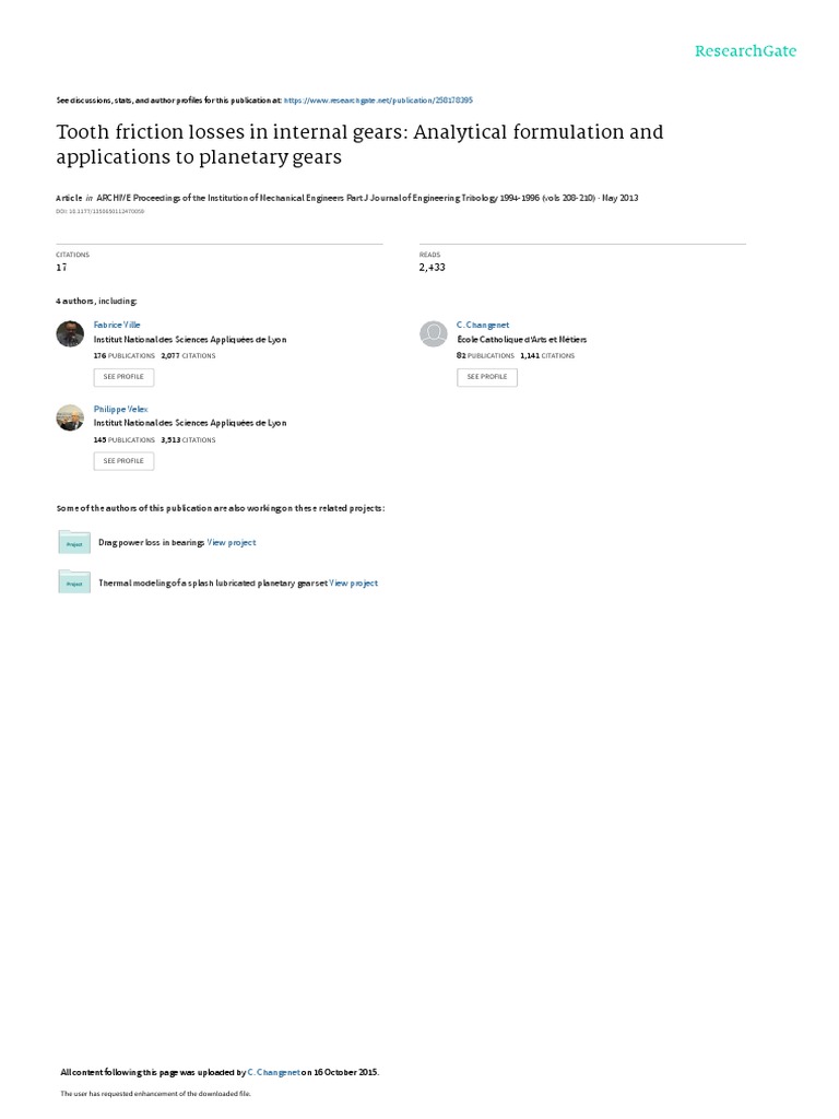Tooth Friction Losses in Internal Gears: Analytical Formulation and ...