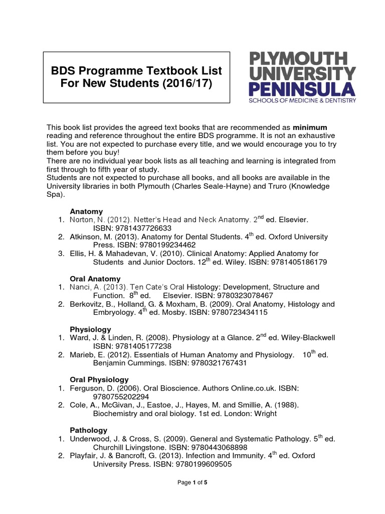 BDS - Programme - Textbook - List - 2016-17 For UK Students | PDF | Dentistry | Periodontology