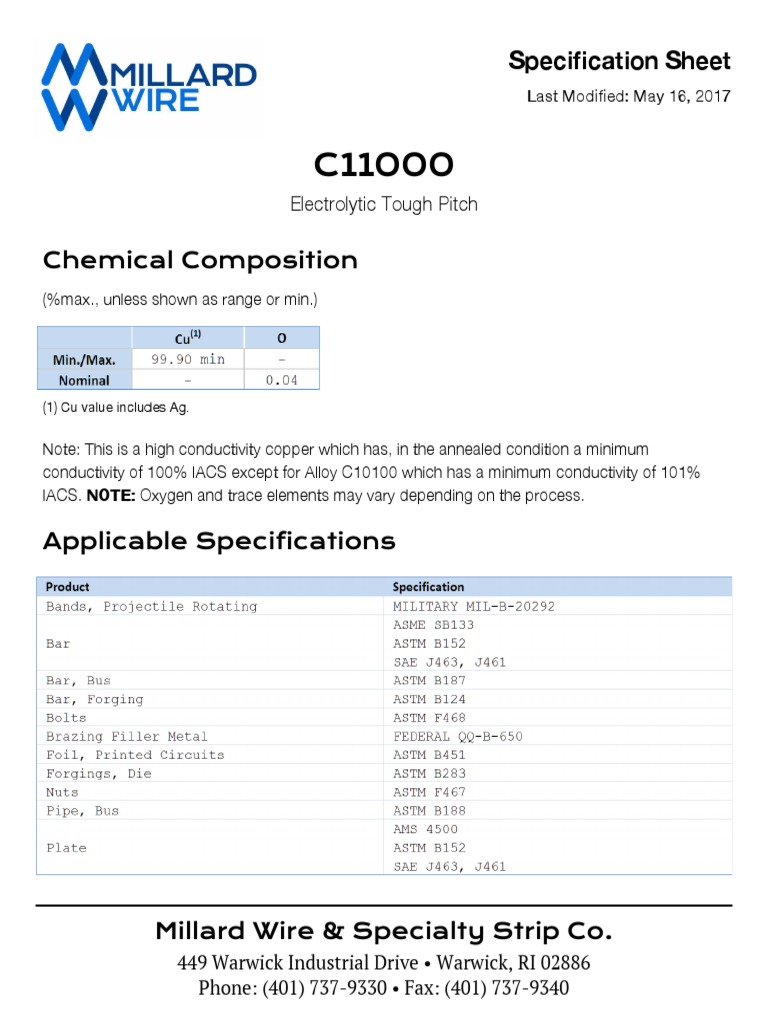 C11000 Specification Sheet | PDF | Sheet Metal | Forging