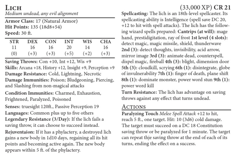 Lich Stats and Abilities Guide | PDF | Fantasy Role Playing Games | D20 ...
