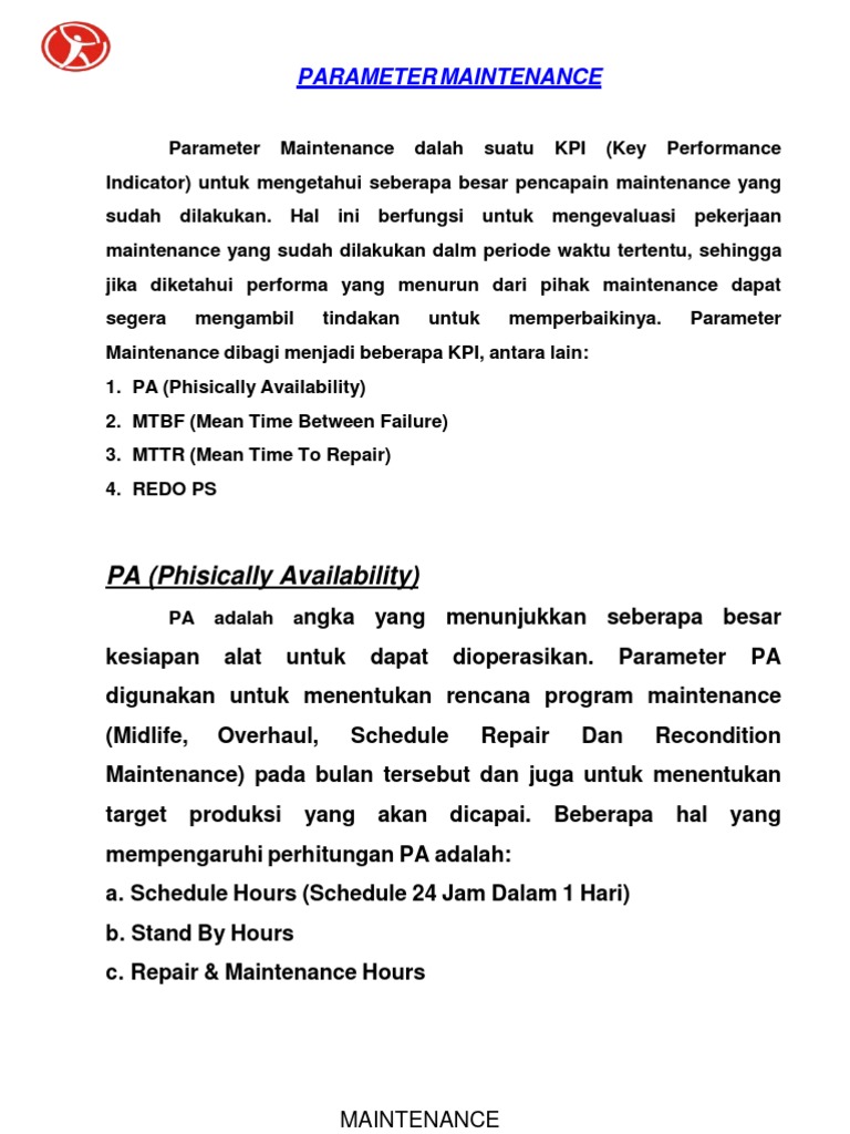 Parameter Maintenance KPI | PDF