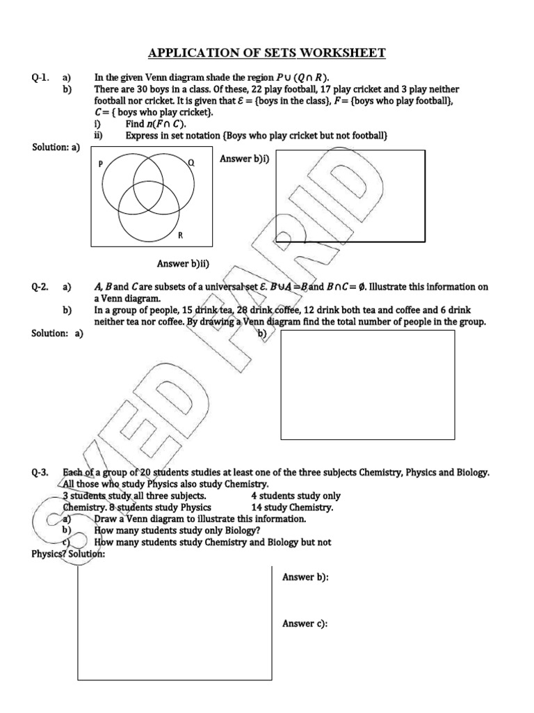 Application OF Sets Worksheet: Q R F C N F C | PDF | Bus | Mathematics