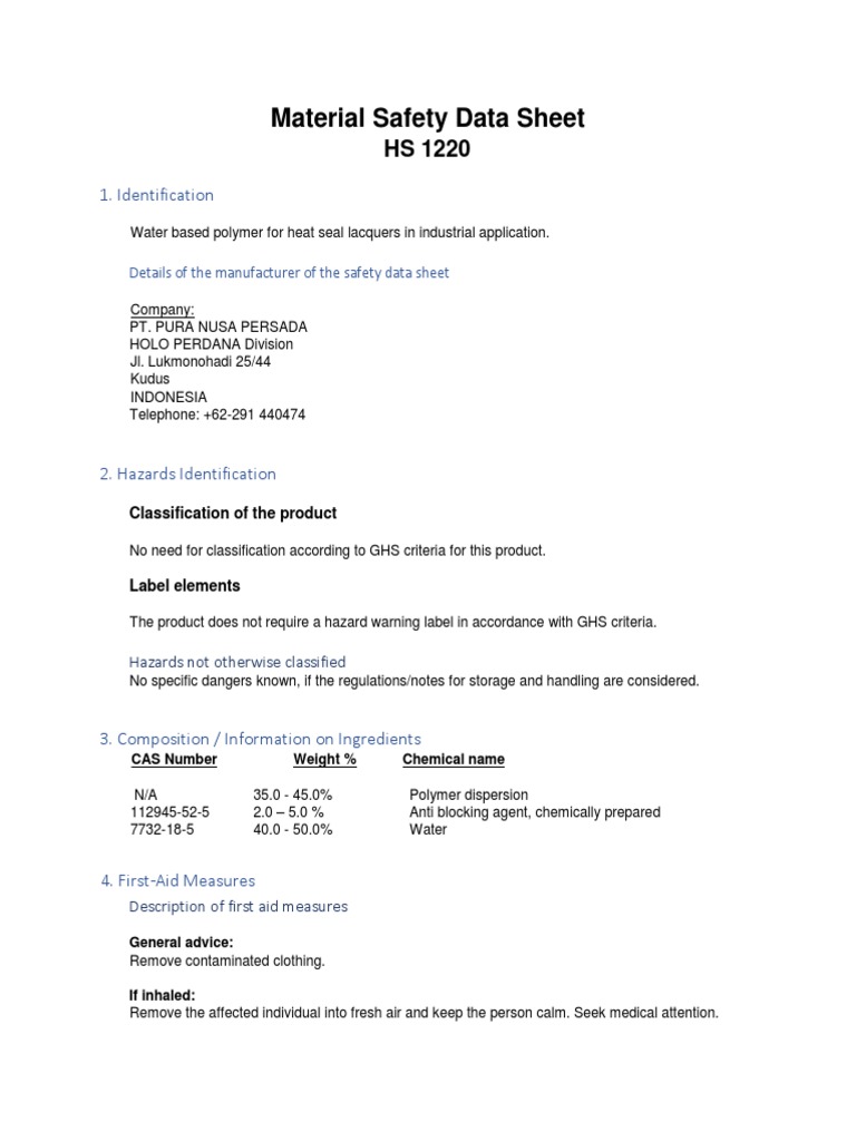 MSDS HS 1220 | PDF | Toxicity | Safety