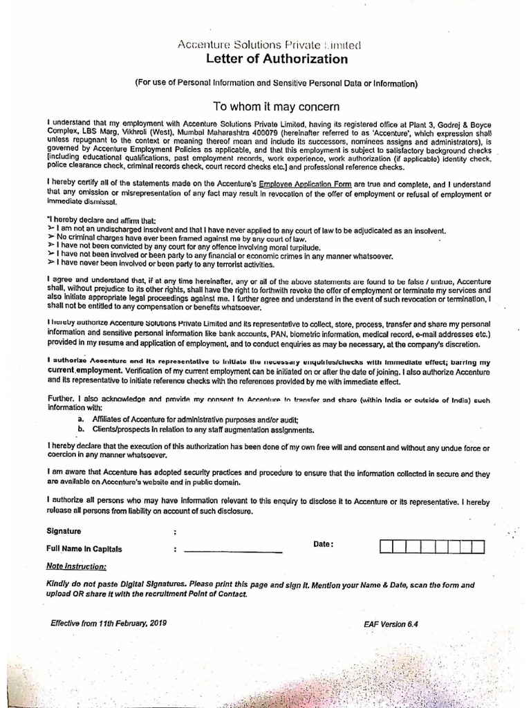 Employee Application Form - EAF - Accenture India | PDF