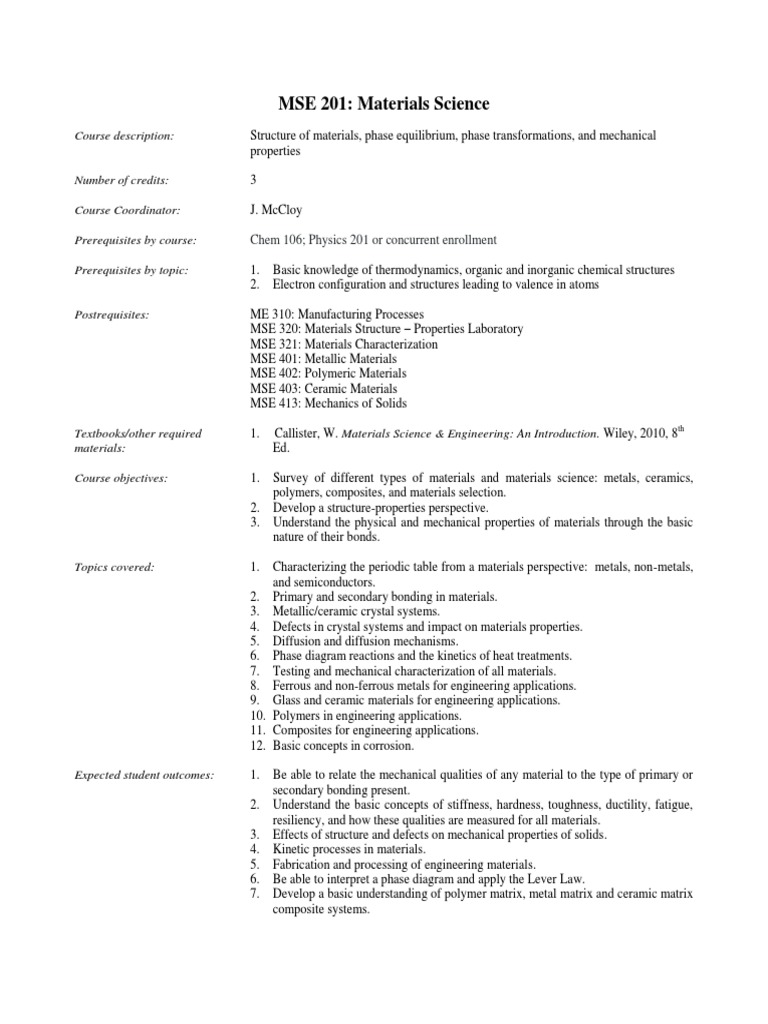 Mse 201 Syllabus | PDF | Materials Science | Metals