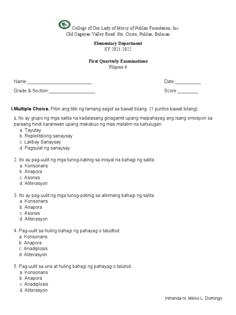 Filipino 6 1st-Quarterly-Test | PDF