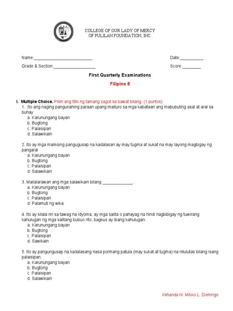 Filipino 8 1st Quarterly Exam | PDF