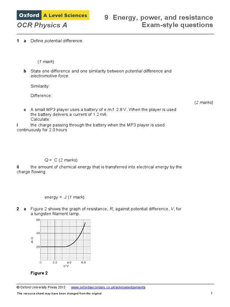 OCR Physics A: 9 Energy, Power, and Resistance Exam-Style Questions ...