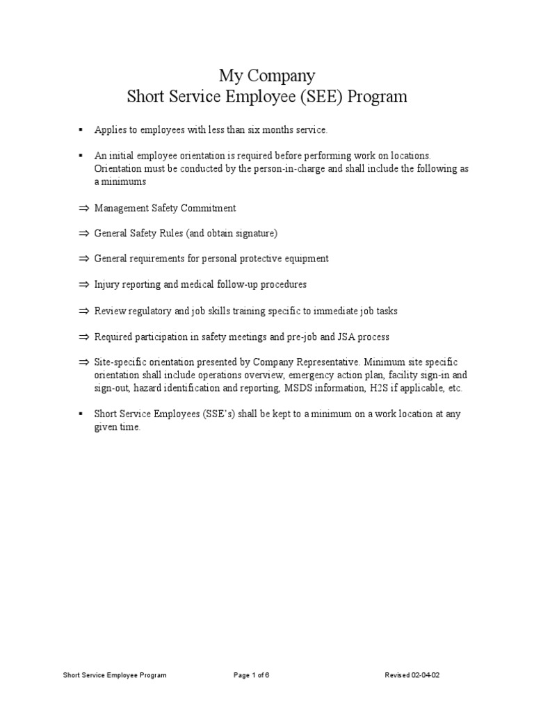My Company Short Service Employee (SEE) Program | PDF | Employment ...
