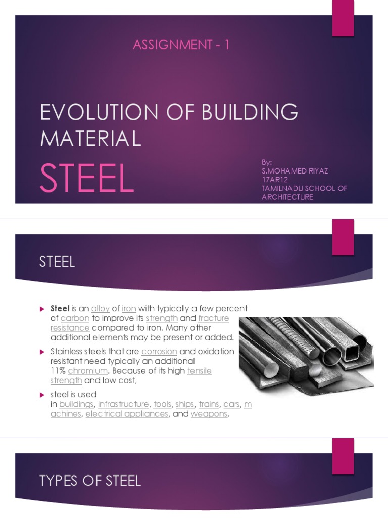 EVOLUTION OF BUILDING MATERIAL (STEEL) - Riyaz | PDF | Steel | Concrete