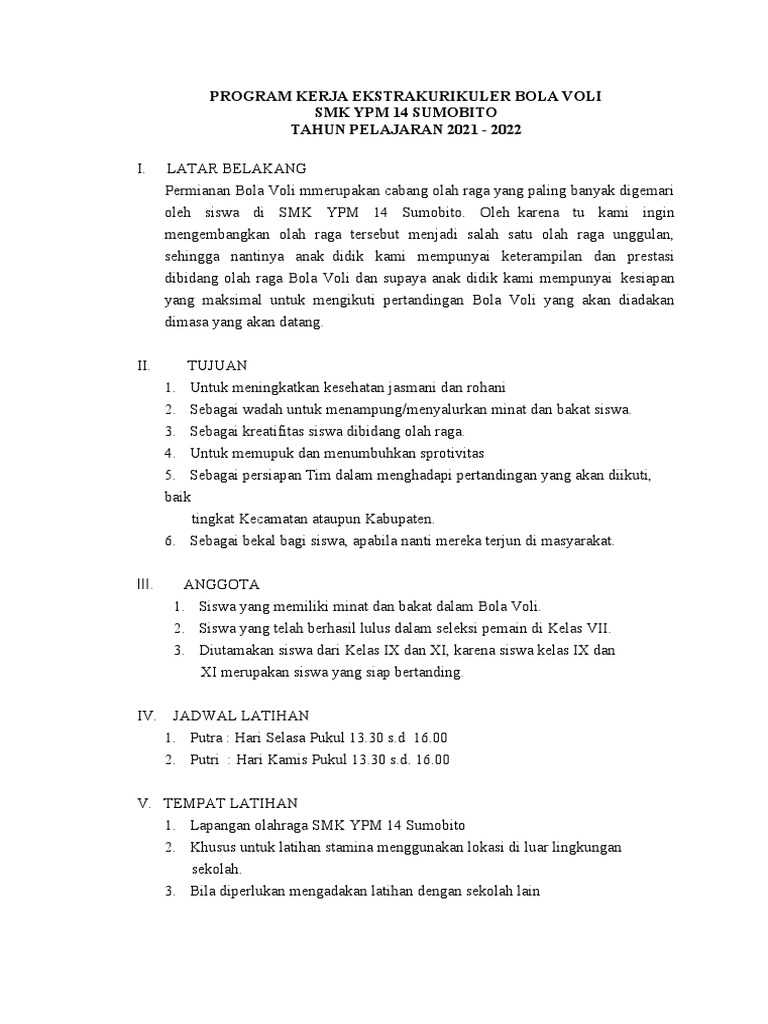 Program Kerja Ekstrakurikuler Bola Voli | PDF