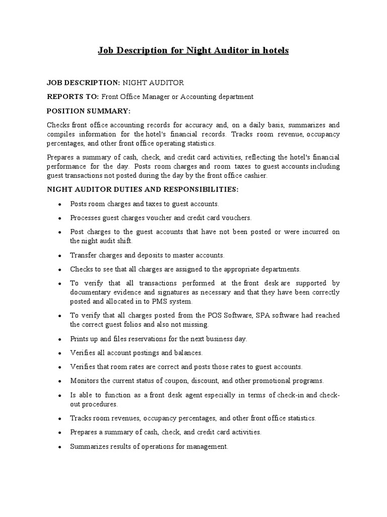 Night Auditor Job Description | PDF | Economies | Business