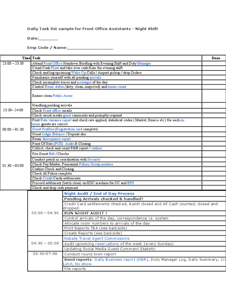 Night Shift Front Office Task Checklist | PDF | Point Of Sale | Credit Card