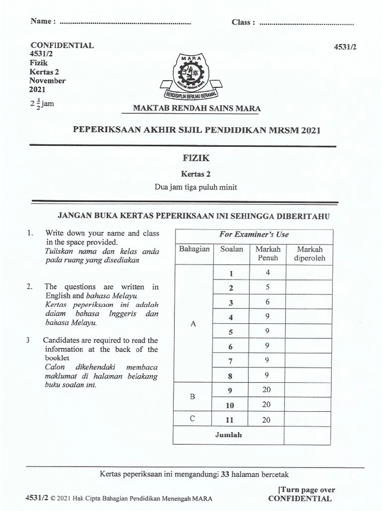 Kertas Trial Fizik MRSM K2 2021 | PDF
