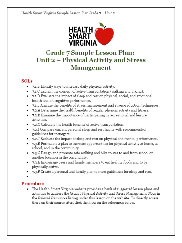 Grade 7 Sample Lesson Plan: Unit 2 - Physical Activity and Stress ...