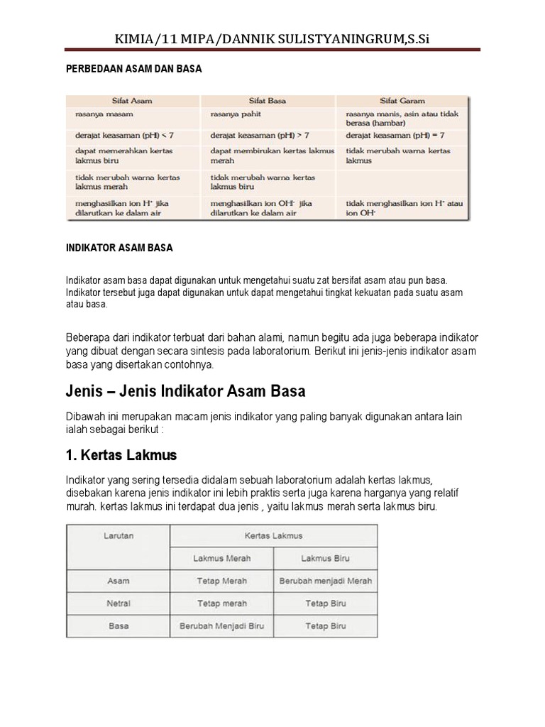 Perbedaan Asam Basa Dan Indikator Asam Basa Kelas 11 Mipa | PDF