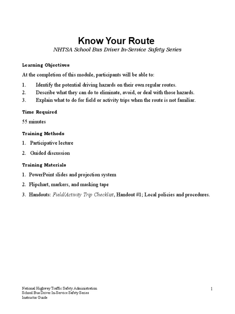 Know Your Route: NHTSA School Bus Driver In-Service Safety Series | PDF ...