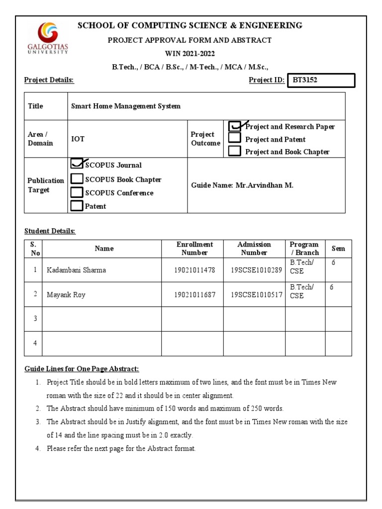 Project Approval Form | PDF | Home Automation | Internet Of Things