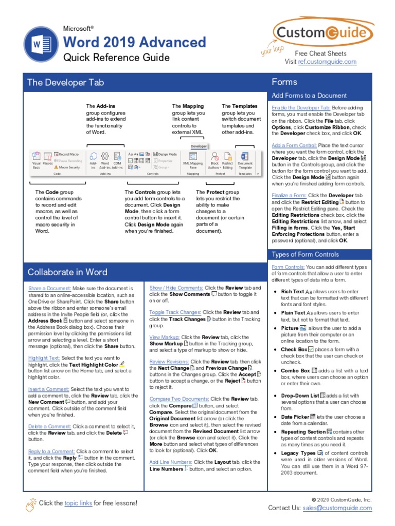 Word 2019 Advanced: Quick Reference Guide | PDF | Microsoft Word | Computing